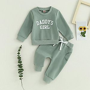Toddler Baby Girl Clothes Long Sleeve Letter Print Crewneck Sweatshirt Sweatpants Fall Winter Sweatsuit Set Outfit (Daddy's Girl Green, 12-18 Months)
