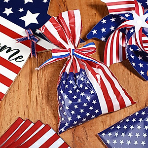 100 Pcs Patriotic Cellophane Treat Bags 4th of July Candy Goodie Bags Memorial Day Independence Day Red White Blue Star Loot Bags with 22 Yards Ribbon 4th of July Party Favor Decor, 6 x 9 Inch