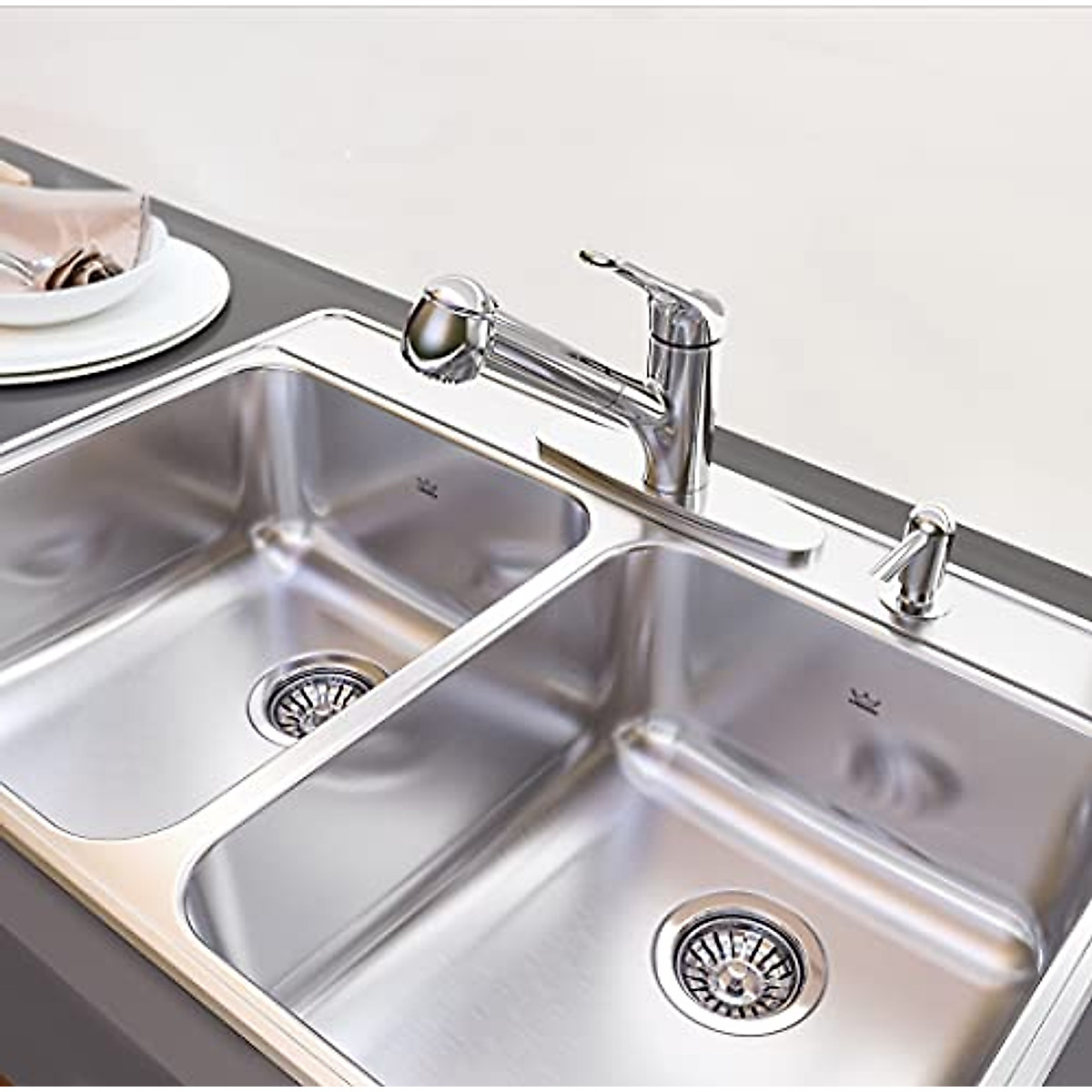 Kindred CDLA3322-8-4CBN Creemore 33-in LR x 22-in FB x 8-in DP Drop In Double Bowl 4-Hole Stainless Steel Kitchen Sink, No Size