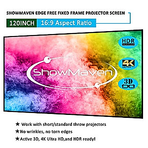ShowMaven 120in Fixed Frame Projector Screen, Edge Free Borderless Projector Screen, Diagonal 16:9, Active 3D 4K Ultra HD Projector Screen for Home Theater or Office