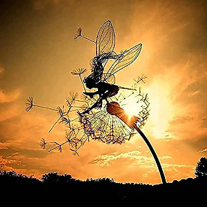 Tiyazxw Fairies Dandelions Garden Stainless Steel Fairy Ornaments, Garden Sculptures and Statues Flying Fairy Sculptures Yard Art Ornaments, Dancing Fairy Dandelion Garden Decoration, Feel love and ho
