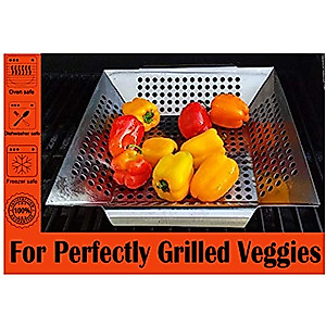 Professional Grade Stainless Steel Grill Basket, BBQ Accessories, Meats, Vegetables, Seafood, Pizza, Kabob. Fits Charcoal, Gas Grills Camping Cookware Grill Tool Gift for Dad