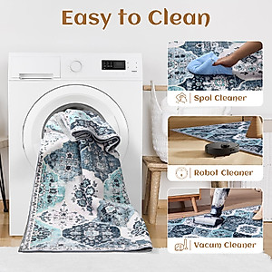 FLYRUGGO Area Rugs, 5x7 Washable Boho Throw Rug Indoor, Moroccan Trellis Bohemian Ultra Soft Large Non-Slip Carpet for Living Room Dining Room Office Bedroom (001-Blue White/Multi, 5x7)