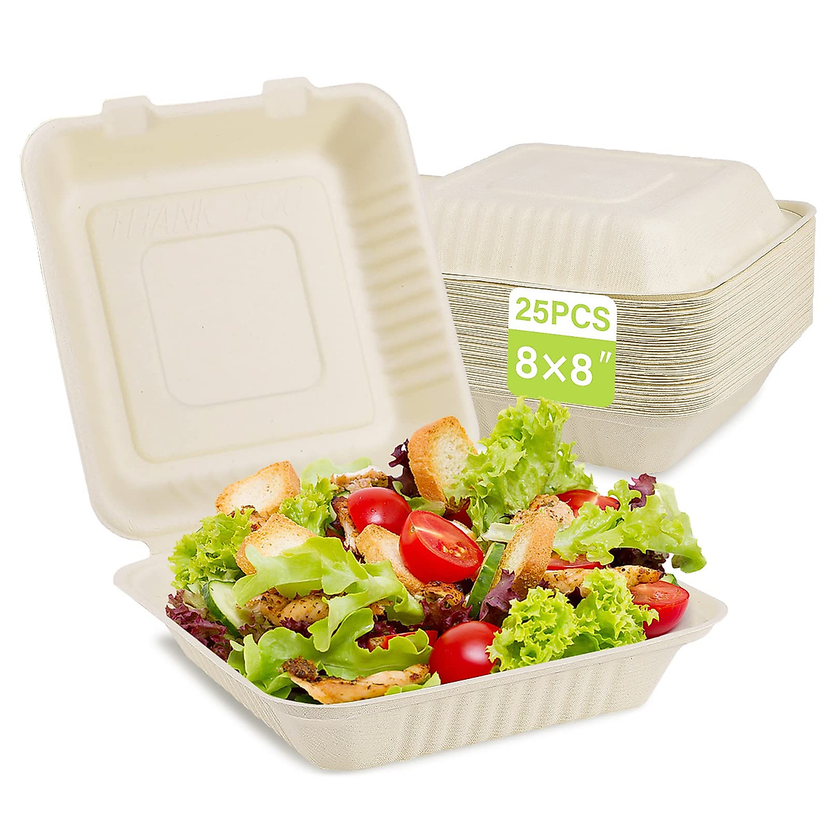 greensight Compostable Take Out Food Container 8X8, 25 Pack Disposable Clamshell Food Containers, Heavy Duty To Go Boxes, Eco-Friendly Biodegradable Made From Sugarcane Fibers