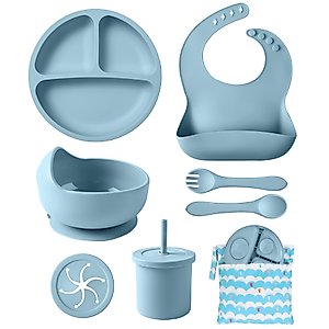 ECLIP Silicone Baby Feeding Set, 10 Pcs Baby Led Weaning Supplies with Suction Bowl Divided Plate Adjustable Bib Soft Spoon Fork Snack Cup with Lid Drinking Cup, Utensil (Blue)