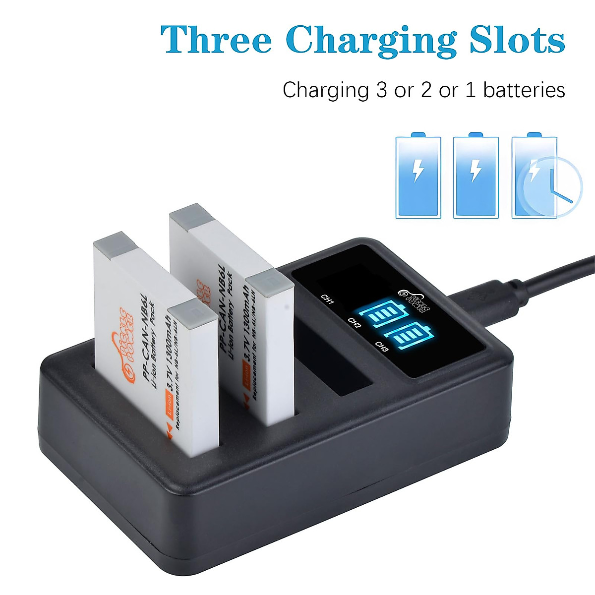 NB-6L NB-6LH Battery and 3 Slots LED Display Charger Replacement for Canon PowerShot D10 D20 ELPH 500 HS S90 S95 S120 SD770 SD980 SD1200 SD1300 SD3500 SD4000 SX540 SX530 SX500 SX170 SX260 SX270 HS