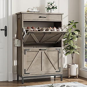 Shoe Cabinet Storage for Entryway Hidden Shoes Storage Cabinet with 2 Flip Drawers, Farmhouse Narrow Shoe Rack Cabinet Slim Free Standing Shoe Organizer Cabinet for Door Entry, Foyer, Hallway, Grey