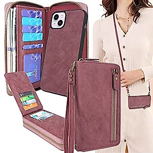 Lacass Case Compatible with iPhone 15 Plus/iPhone 14 Plus, Crossbody Dual Zipper Detachable Leather Wallet Phone case Cover (Wine red)