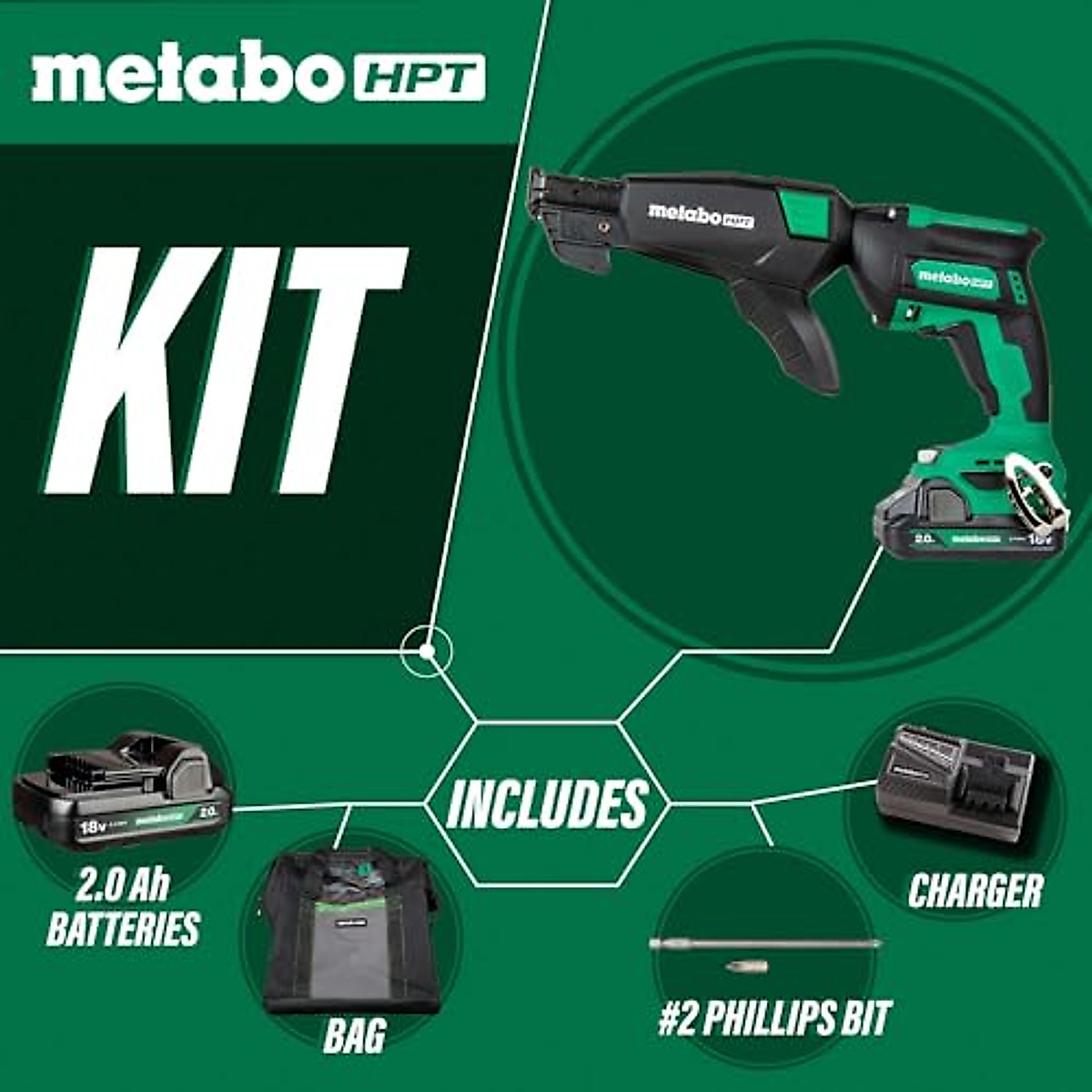 Metabo HPT Cordless 18V MultiVolt™ Drywall Screw Gun Kit | Includes Collated Screw Magazine Attachment | Includes 1-18V 2.0 Ah Battery | Lifetime Tool Warranty | W18DAQB