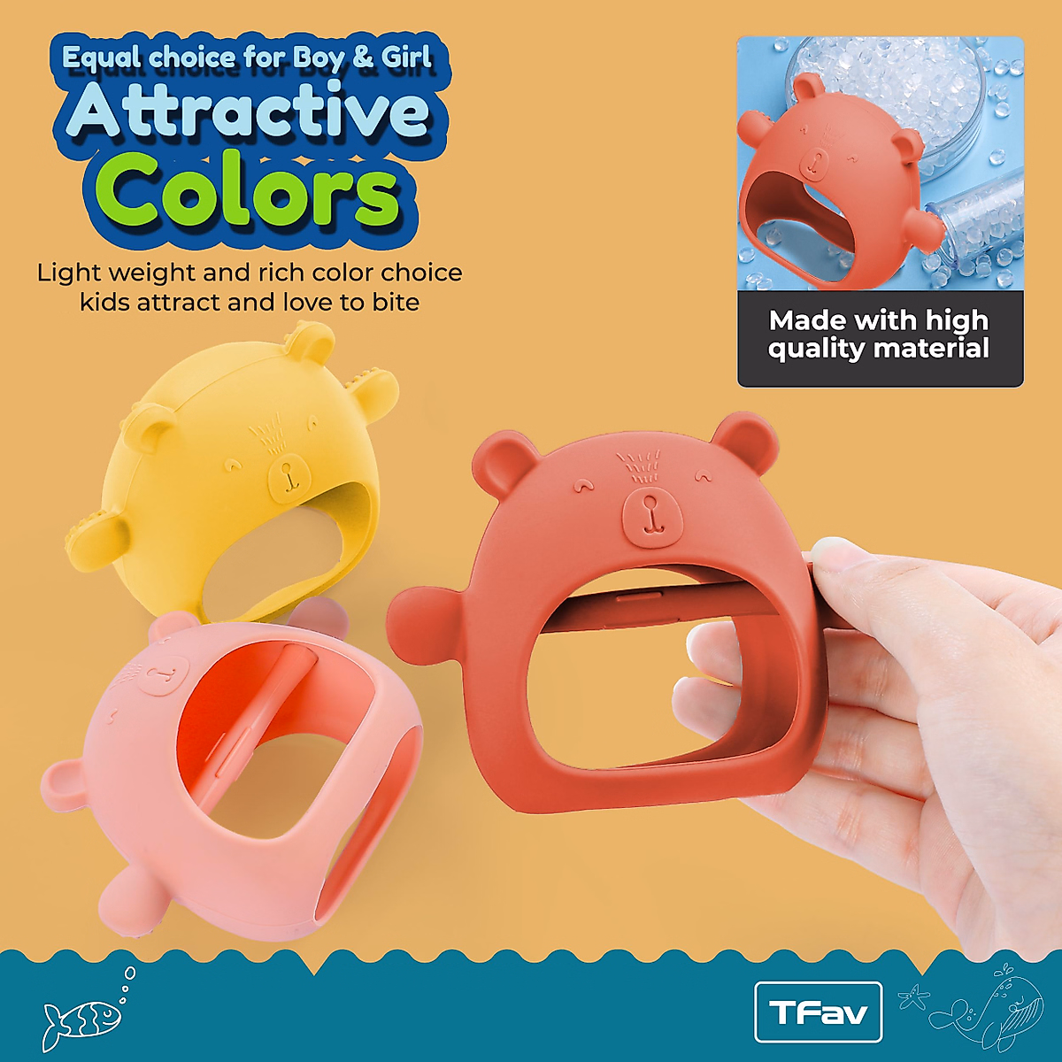 TFav Baby Bear Teether for Babies -3 pcs Pink, Yellow & Red -Silicone Mitten teether for 3 Months+ Boys & Girls -Hand Pacifier That Fits on Fist -Calm Down The Fussy Baby Calm Down Fussy Baby