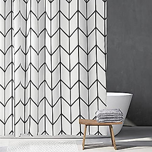 mDesign Fabric Geometric Shower Curtain - Herringbone Chevron Print with Reinforced Buttonholes for Master/Guest Bathroom - Machine Washable & Water Resistant Curtains - 72" x 72" - Black/White