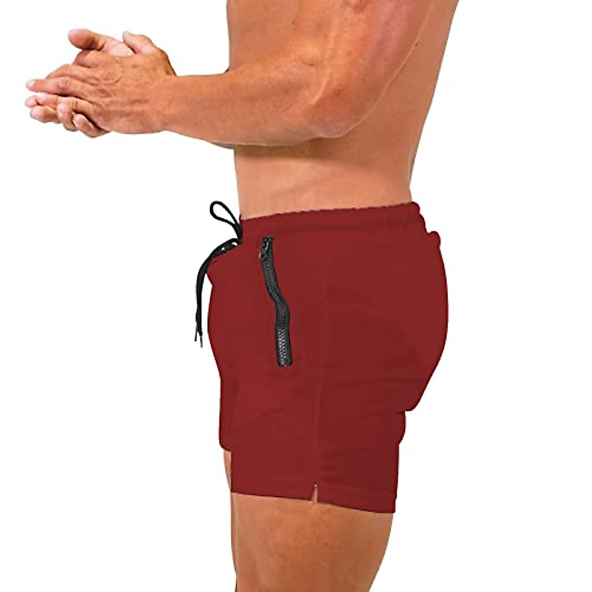 MAIKANONG Mens Gym Shorts Bodybuilding Outdoor Training Quick Dry Workout Shorts with Zipper Pockets Red