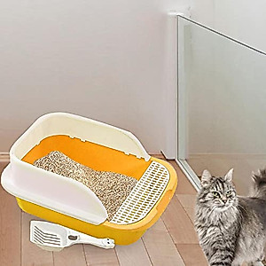 ＫＬＫＣＭＳ Cat Litter Box with Scooper Detachable Tall Cat Litter Box with Frame Cat Litter Pan Kitten Litter Pan Kitty Litter Tray Kitty Litter Pan, Yellow, Large