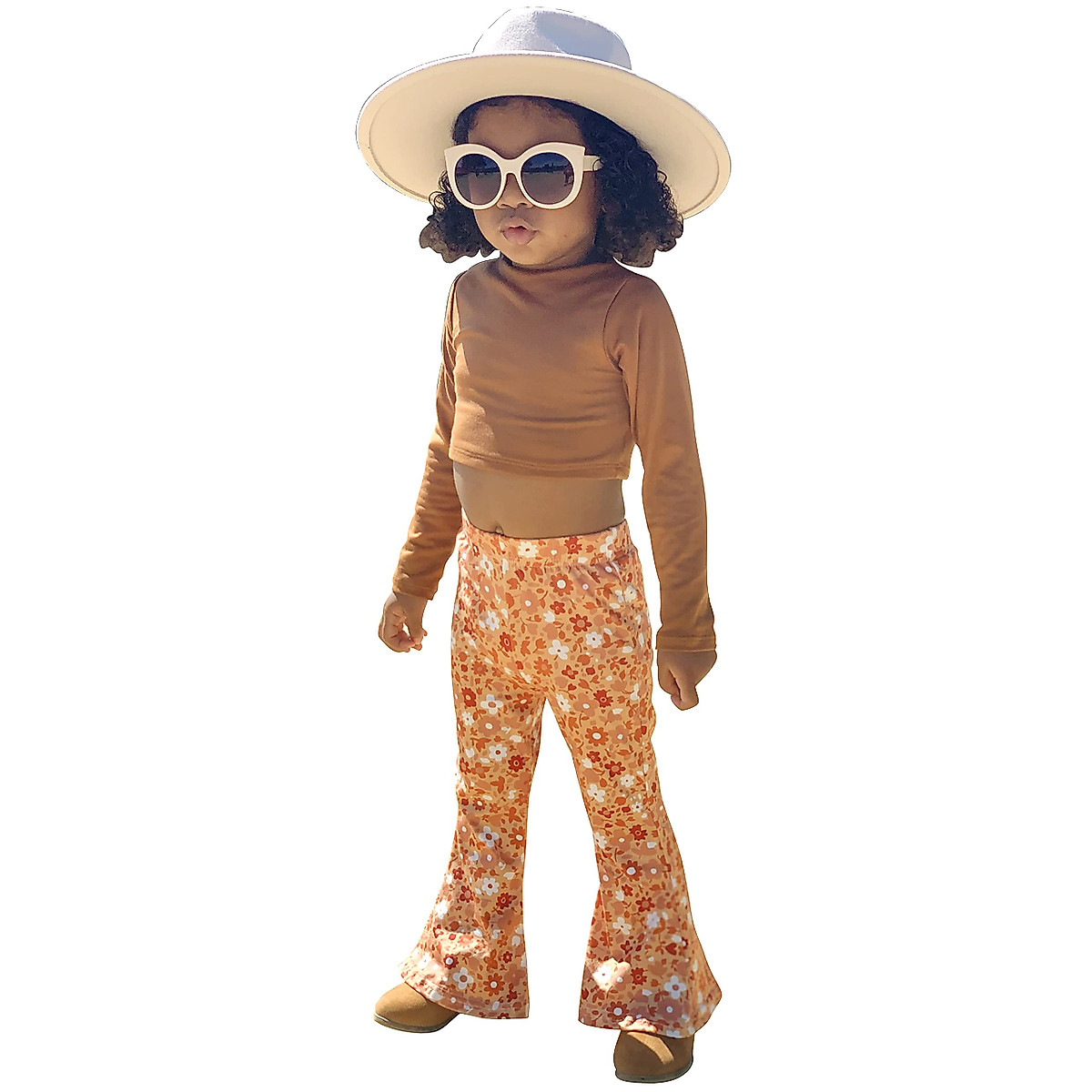 Daisy Del Sol Little Girls Boho Bell Bottom Stretch Legging Flared Soft Yoga Pants Toddler Childrens Kids 2T-8 Years (Gold Floral, 2T)