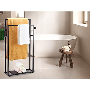 Standing Towel Racks for Bathroom, 39'' Tall 2 Tier Bathroom Towel Rack Stand with Storage Shelves, Modern Standing Pool Towel Drying Rack for Outdoor, Black Blanket Holder, ALHAKIN