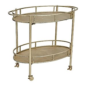 Creative Co-Op Art Deco Oval 2-Tier Bar Cart with Wheels, Antique Silver Finish