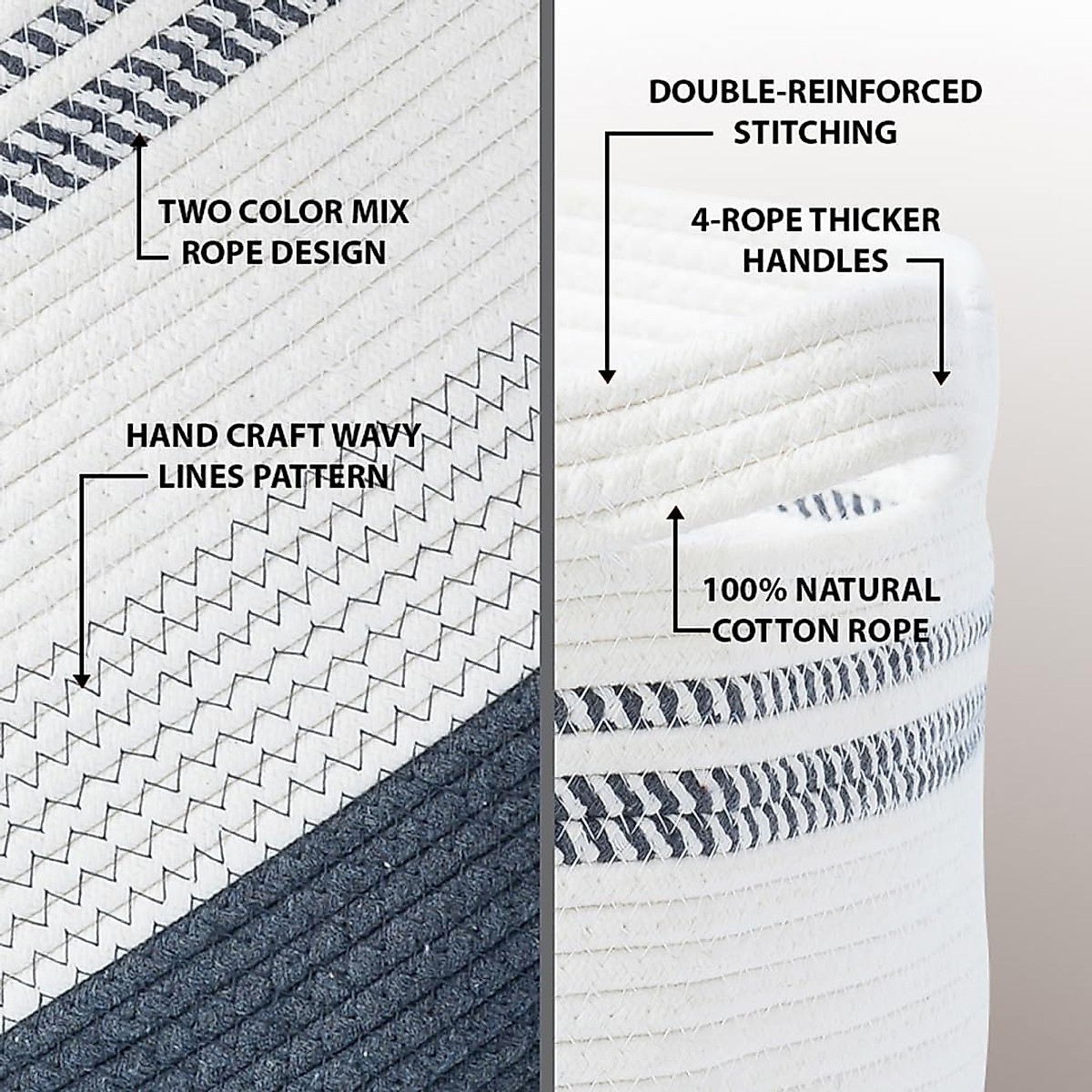 Homify Blanket Basket 100% Cotton Rope Woven Baskets for Storage 22"x14" 90L XXX-Large Laundry Basket with Soft Handle Rope Basket for Living Room, Toy, Pillow & Clothes - Gray & White