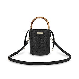 KATIE LOXTON Cylinder Bamboo Womens Medium Woven Straw Convertible Strap Crossbody Top Handle Purse Black