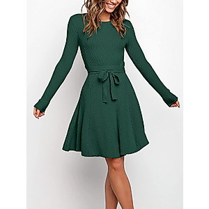 ANRABESS Women's Long Sleeve Midi Dress Crewneck Tie Waist A-Line Swing Casual Bodycon Ribbed Knit 2025 Fall Sweater Dress Green Medium