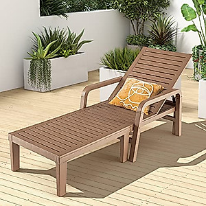 Tangkula Chaise Lounge Chair for Outside, Waterproof PP Patio Lounger with 4-Level Adjustable Backrest and Wood Texture Surface, Outdoor Recliner Chair with Armrests for Poolside Backyard (1, Natural)