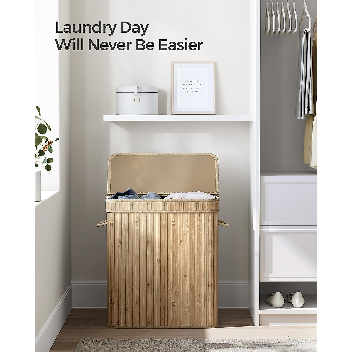 SONGMICS Laundry Hamper with Lid, Bamboo Laundry Basket, Removable Machine Washable Laundry Basket, with Handles, 26.4-Gallons, for Laundry Room, Bedroom, Bathroom, Natural Beige ULCB063N01