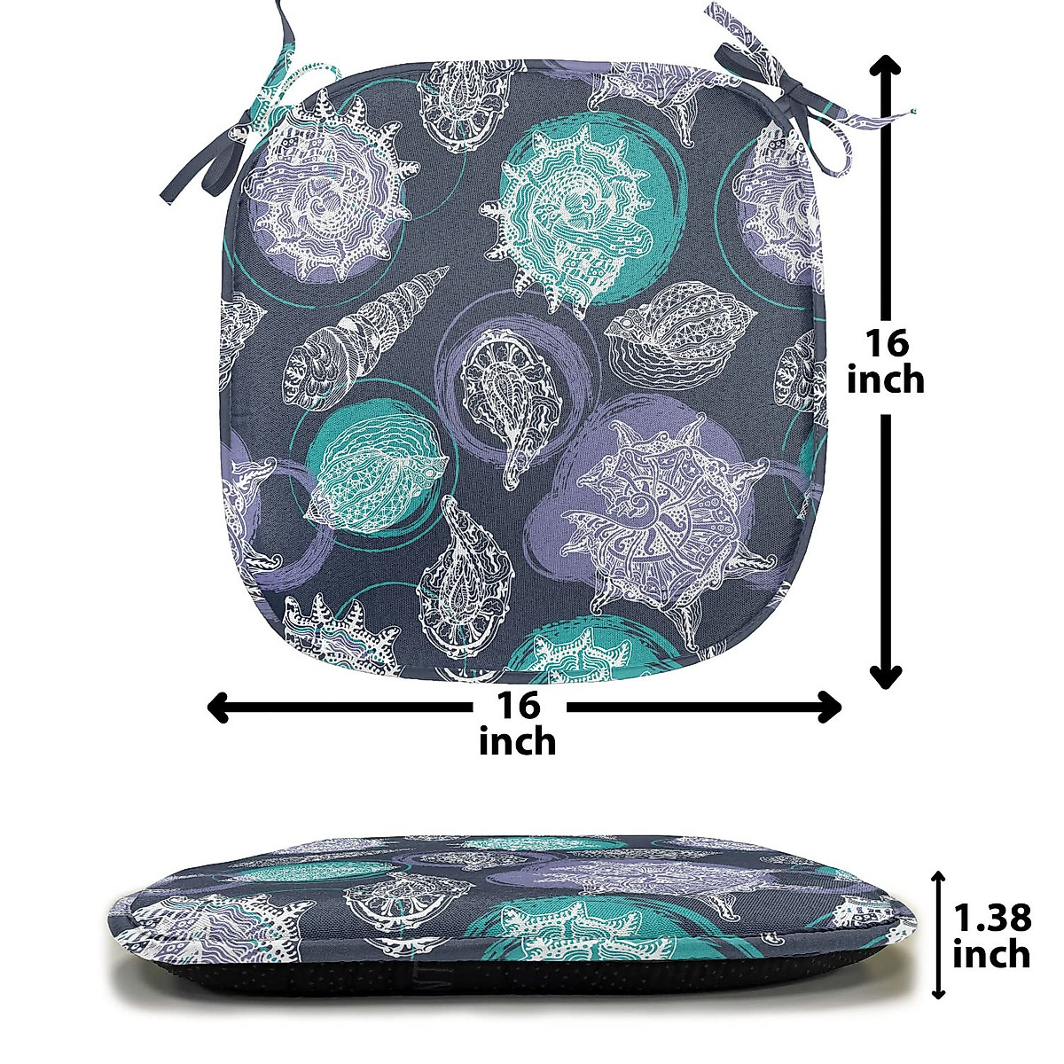 Ambesonne Nautical Chair Seating Cushion Set of 8, Ocean Theme Seashells Scallop Summer Marine Coastal Grunge, Anti-Slip Seat Padding for Kitchen & Patio, 16"x16", Night Blue Sea Green