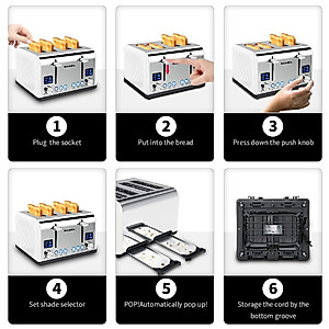 Toaster 4 Slice, KitchMix Bagel Stainless Toaster with LCD Timer, Extra Wide Slots, Dual Screen, Removal Crumb Tray (White)