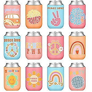 Zhehao 24 Pcs Retro Bachelorette Can Cooler Sleeves Neoprene Can Sleeves Insulated Beverage Sleeves Party Favor for Bridal Shower Groovy Party Decorations Party Supplies, 12 Styles