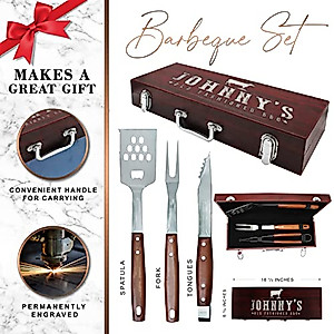 Engraved Grill BBQ Gifts Set for Dad Father Him - Custom Barbecue Personalized Grilling Set with Tools (Silver Engraving)