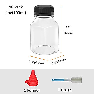 BPFY 48 Pack 4 oz Mini Plastic Juice Bottles with Caps Empty Clear Beverage Containers with Black Tamper Evident Lids, Brush, Funnel, Juicing Bottles for Milk, Smoothie and Other Beverages