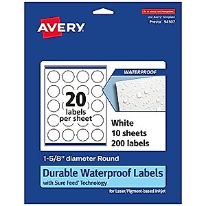 Avery Durable Waterproof Round Labels with Sure Feed, 1-5/8" Diameter, 200 Oil and Tear-Resistant Waterproof Labels, Print-to-The-Edge, Laser/Pigment-Based Inkjet Printable Labels
