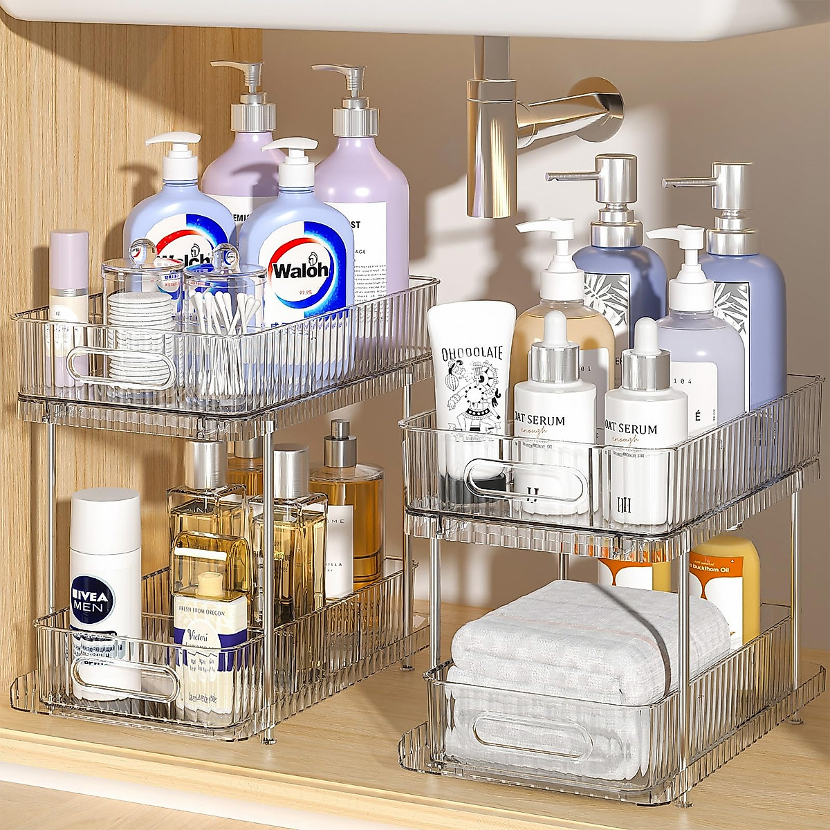 Delamu Bathroom Under Sink Organizers and Storage, Snap-Lock Pull Out Bathroom Medicine Cabinet Organizer,Multi-Purpose Kitchen Pantry Organizer and Storage with Movable Divider (2)