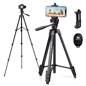 GEEKOTO Phone Tripod,55 inches Aluminum Camera/Mobile Phone Tripod with Carrying Bag with a Maximum Load of 6.6 pounds,Portable Tripod for Photography and Video Recording Black