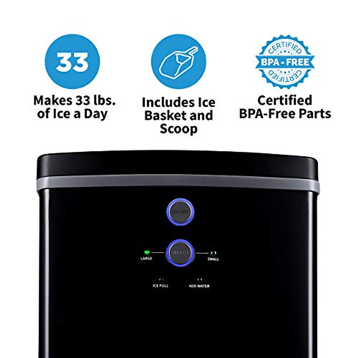 NewAir Black Portable Ice Maker | First Batch In Under 10 Minutes And 33 lb Daily | 2 Ice Size Bullets Daily, Perfect Machine For Kitchen Countertops, and RV NIM033BK00