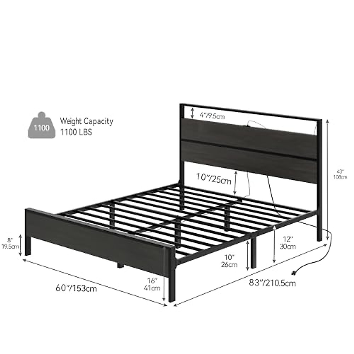 YITAHOME Queen Size Bed Frame, LED Bed Frame with 2 USB Ports, Platform Bed Frame with 10.2” Under Bed Storage Clearance, Strong Metal Slats Support, No Box Spring Needed, Black Brown