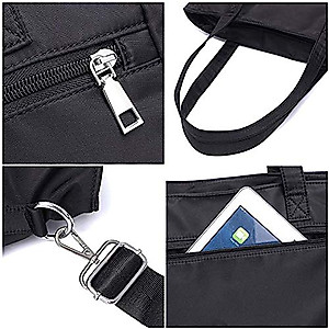 Womens Tote Bags Multi Pocket Soft Nylon Shoulder Bag Waterproof Travel Work Purse and Handbags (Black)
