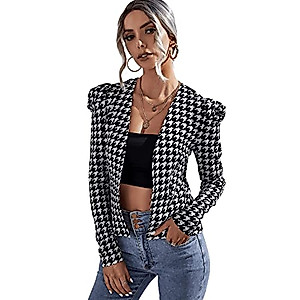 SweatyRocks Women's Casual Houndstooth Blazer Long Puff Sleeve Open Front Jacket Black White M