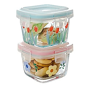 2 Pack 4 OZ Mini Glass Food Storage Containers Portable Small Food Jars with Airtight Lids Leakproof Square Flower Glass Container for Food Portion,Dipping Sauce,Snack,Nut,Yogurt,Freezer Microwave Safe