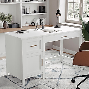 Martha Stewart Hutton Shaker Style Home Office Desk with Storage in White with Polished Brass Hardware