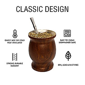 LA FEE Yerba Mate Natural Gourd/Tea Cup Set Brown (Original Traditional Mate Cup - 8 Ounces)，Includes Yerba Mate Straw & Cleaning Brush，Stainless Steel | Double-Walled | Easy to Clean