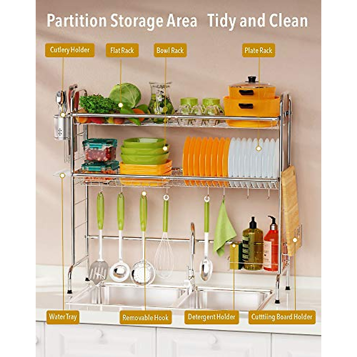 Ace Teah Over The Sink Dish Drying Rack 2-Tier Large Over Sink Dish Rack for Kitchen Organizer, Above Sink Dish Drainer Stainless Steel with Utensil Holder Hooks, Silver