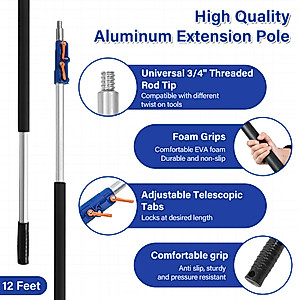 SHINMING 5-12FT Reach Telescoping Extension Pole, Multi-Purpose Extendable Pole with Universal Twist-on Metal Tip for Hanging Light Bulb Changer, Paint Roller, Duster, Window/Gutter Cleaning (5-12FT)