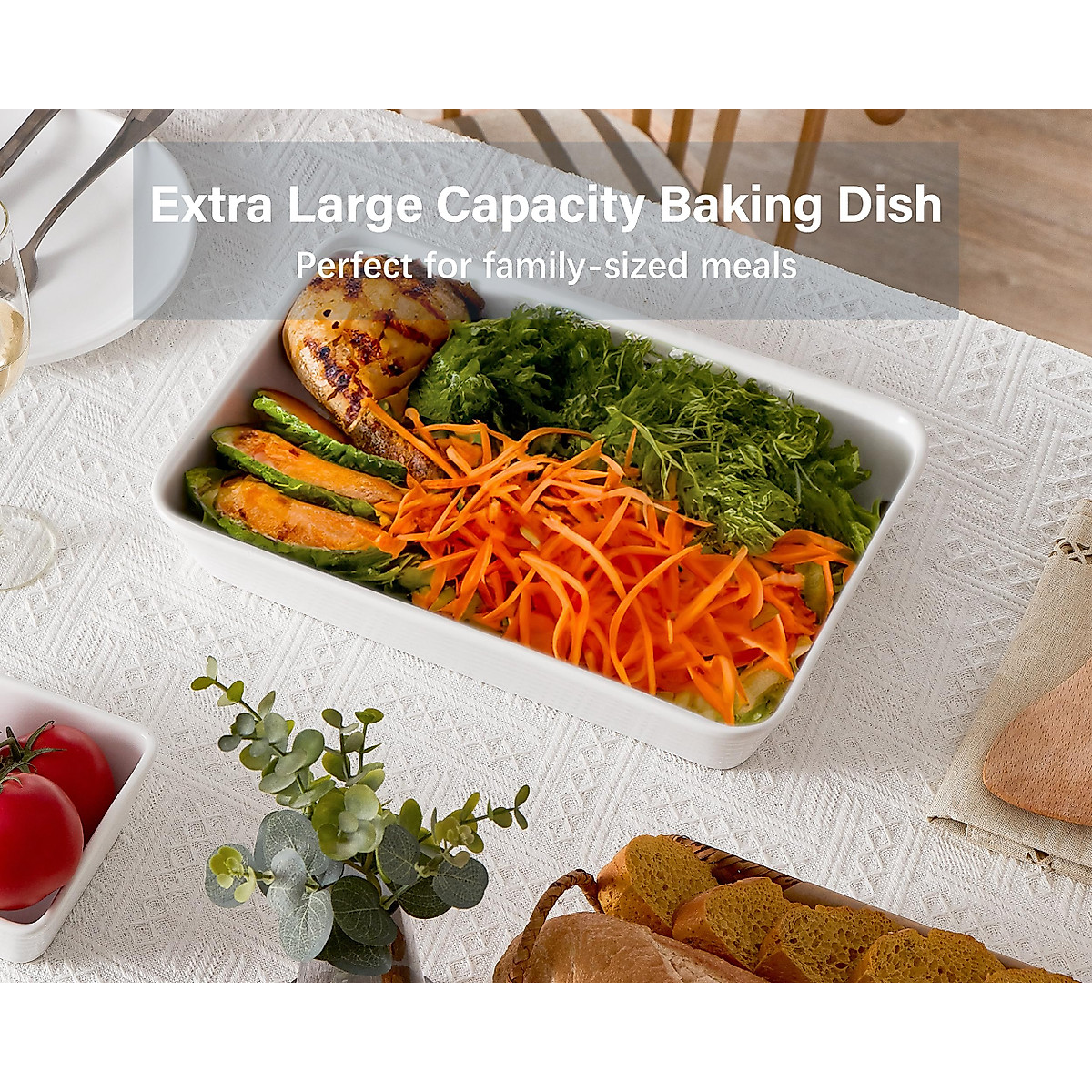 ONEMORE Ceramic Baking Dish, 9x13 Baking Pan Casserole Dish Large Rectangular Baking Dishes for Oven Deep Dish Lasagna Pan for Family Meals Ribbed White Bakeware for Roasting & Serving