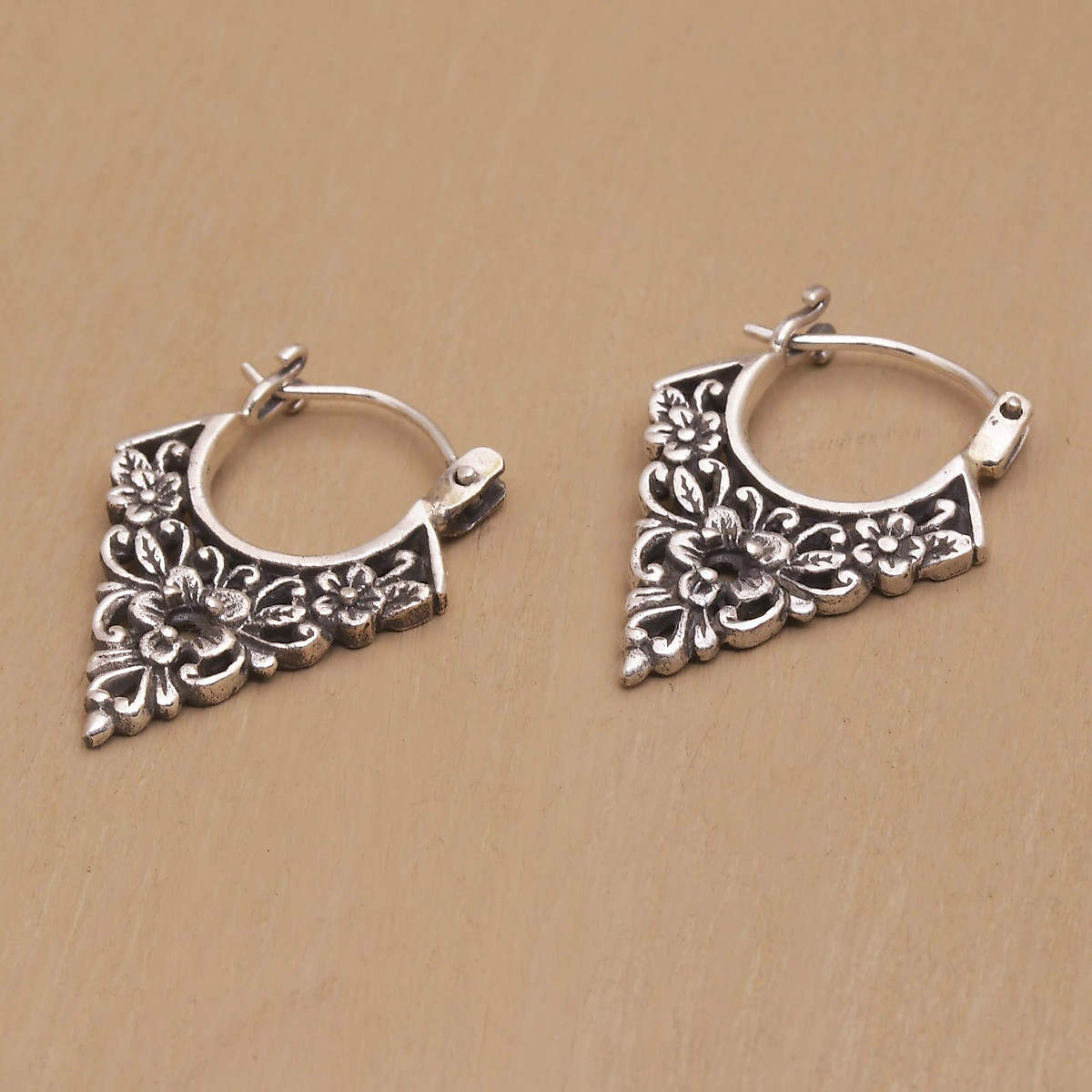 NOVICA Artisan Handmade .925 Sterling Silver Hoop Earrings | Floral Dangle Earrings | Jewelry Dangle Earring | Silver Traditional Earrings | Wirl Earrings For Women | French Wire Earrings