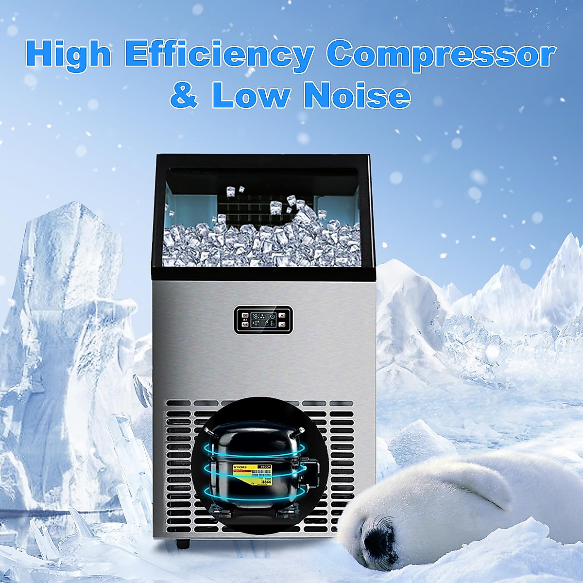 Techomey Commercial Ice Maker, 99Lbs/24H Under Counter Ice Machine, Auto-Clean Freestanding Ice Maker Machine with Fast Making Ice, Stainless Steel, Silver