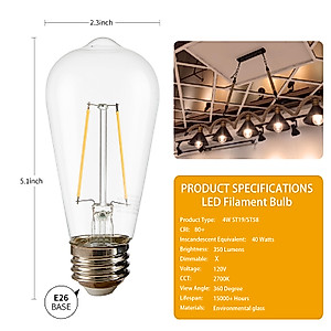 winsaLED 12 Pack LED Edison Bulbs 40 Watts Equivalent, 4 Watt LED Vintage Light Bulb, 2700K Soft White ST19 Light Bulb, 350LM E26 Base for Light Fixtures
