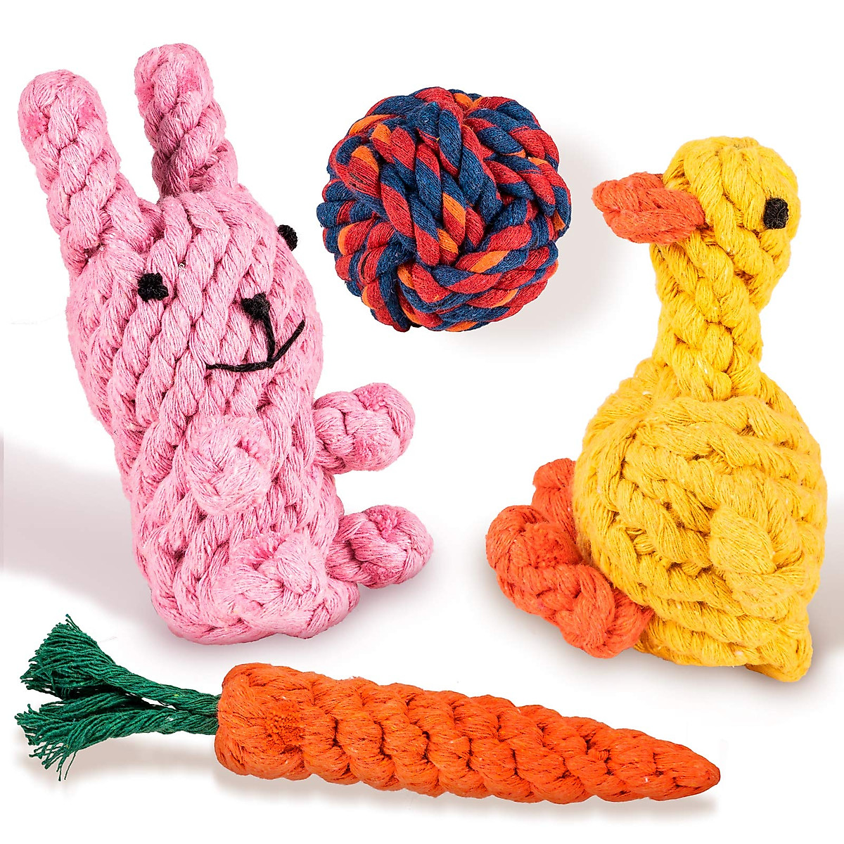 Whaline 4PCS Easter Dog Toy Kit Puppy Chew Toy Carrot Ball Rabbit Yellow Duck Cotton Rope Toy for Easter Pet Gifts Small Medium Large Dog Pets Playtime Teeth Cleaning