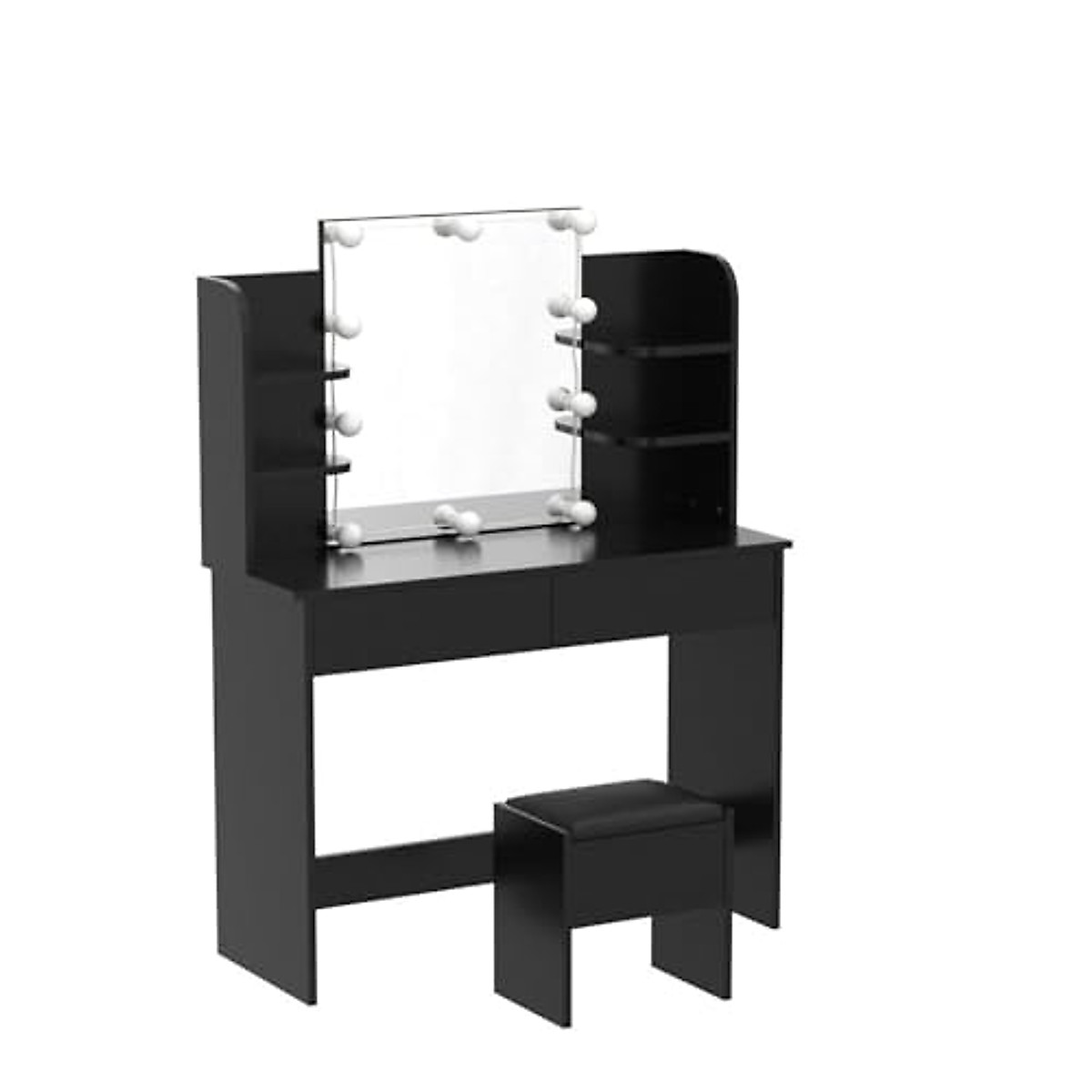 Large Vanity Set with 10 Lights Bulbs, 42-inch Makeup Vanity Mirror with Lights, Makeup Table with 2 Drawers & Cushioned Stool & Storage Shelves, Dressing Table for Women, Girls, Bedroom (Black)