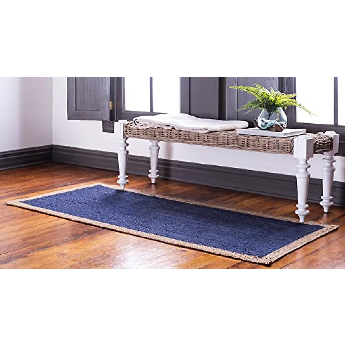 Unique Loom Braided Jute Collection Classic Quality Made Natural Hand Woven with Solid Color Detail, Area Rug, Runner 2' 6" x 6' 0", Navy Blue/Tan