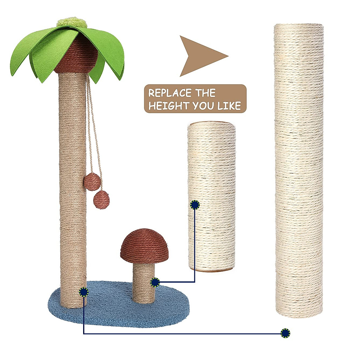 PowerKing Natural Sisal Replacement Scratching Post, 4 Pieces M8 Cat Scratch Post Refill Pole Parts for Refurbishment, White, Include Screws,15.74''+15.74''+7.87''+7.87''